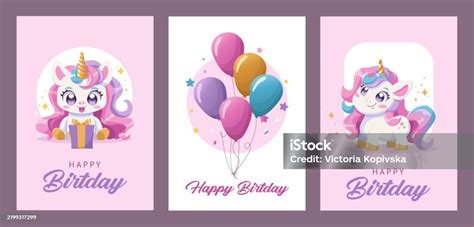 생일 축하 인사말 카드 유니콘 풍선 색종이 조각 및 선물 상자 세트 어린이 초대장 생일 축하합니다 벡터 일러스트 레이 션 0명에 대한 스톡 벡터 아트 및 기타 이미지