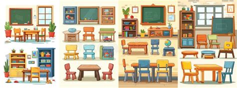 Colorful Classroom And Furniture Designs For Educational Illustrations