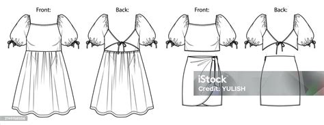 벡터 짧은 소매 스퀘어 넥 미니 드레스 기술 도면 여자 치마와 활 세부 패션 Cad 스케치 템플릿 플랫과 Blous 저지 또는 짠 직물 3 개 세트 앞면 뒷면도 화이트 색상