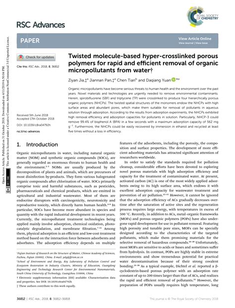 Pdf Twisted Molecule Based Hyper Crosslinked Porous Polymers For Rapid And Efficient Removal