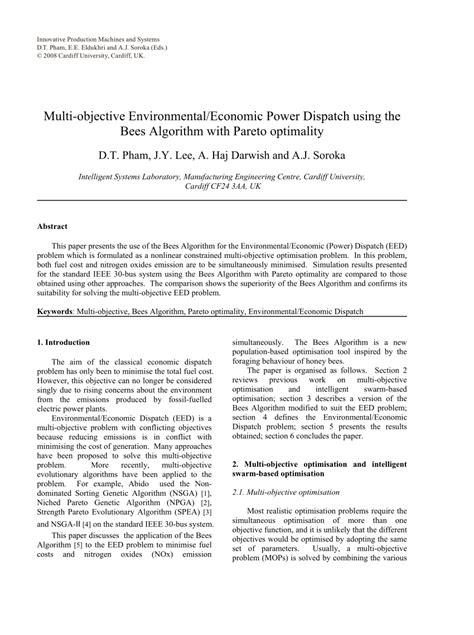 Pdf Multi Objective Environmentaleconomic Power Dispatch Using The Bees Algorithm With Pareto