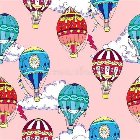 Seamless Pattern With Clouds And Hot Air Ballons Stock Vector