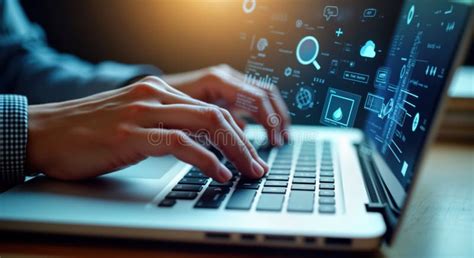 Person Uses Laptop For Data Analysis Tech Research Hands Type On Laptop Keyboard Screen Shows