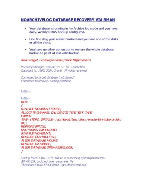 Noarchivelog Database Recovery Via Rman Pdf Oracle Database Backup