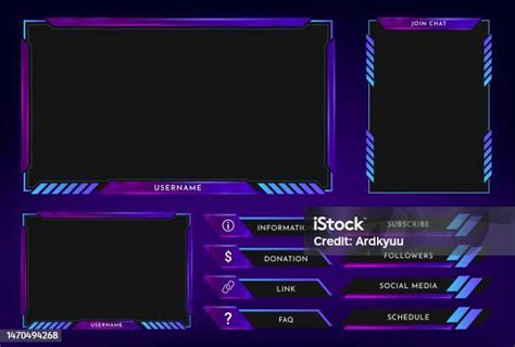 네온 테마가 있는 Twitch 스트림 오버레이 패널 템플릿입니다 디지털 스트리밍 화면 인터페이스 라이브 비디오 스트림 벡터