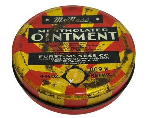 Vintage Mcness Mentholated Ointment Tin Red And Yellow 434 Oz Metal