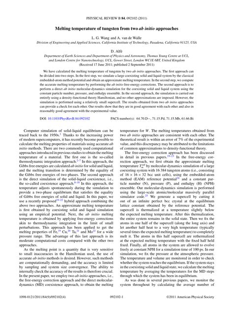 Pdf Melting Temperature Of Tungsten From Two Ab Initio Approaches
