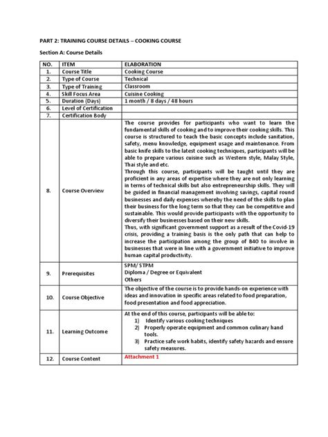 Part 2 Training Course Details Cooking Course Pdf Culinary Arts