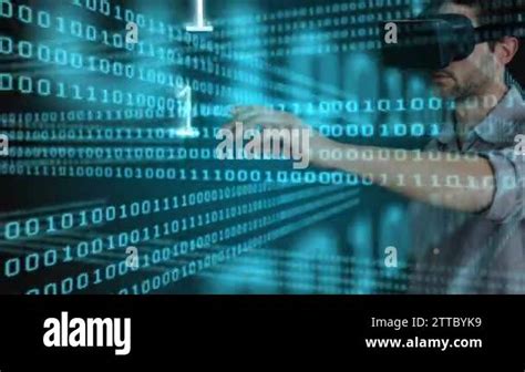 businessman using vr against blue animated binary code scrolling