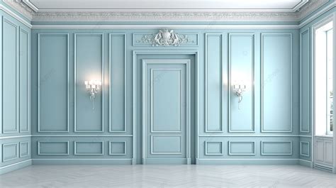 바닥에 우아한 밝은 파란색 벽 몰딩 디자인을 갖춘 3d 렌더링된 인테리어 빈 집 빈방 3d 방 배경 일러스트 및 사진 무료