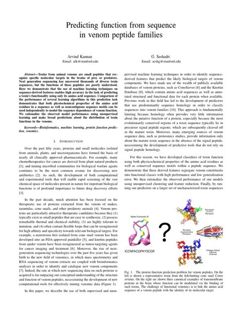 Arvind Kannan G Seshadri Prediction Function From Sequence In Venom Peptide Families Pdf