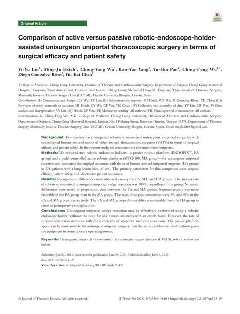 Pdf Comparison Of Active Versus Passive Robotic Endoscope Holder Assisted Unisurgeon Uniportal