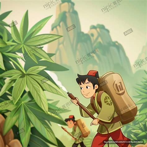 Ai创作图采药插画 登山插画 爬山插画 采药者插画 采药素材 出游记插画 古人采药 景区海报插画 旅游人物插画 古代采药 手绘采药人 旅行社插画 户外徒步素材 驴友卡通形象 采茶人原创插画
