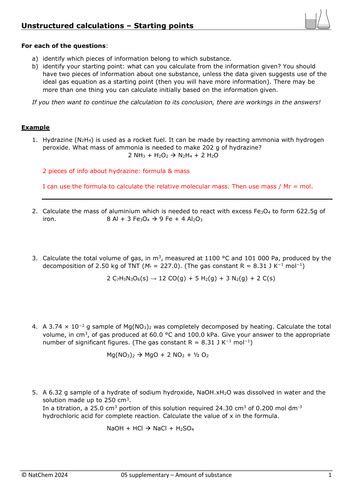 A Level Chemistry Amount Of Substance Unstructured Calculations And Starting Points Teaching