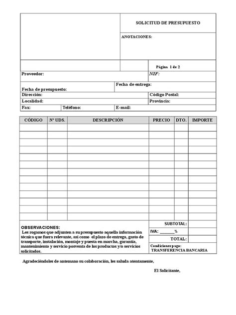 Solicitud De Presupuesto Pdf