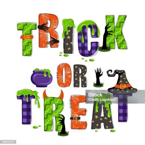 과자 안 주면 장난칠 거예요 마녀 모자 녹색 점액 좀비 손으로 손으로 그린 낙서 텍스트 즐거운 할로윈 보내세요 포스터 배너 티셔츠 카드 전단지 초대장을 위한 휴일 디자인