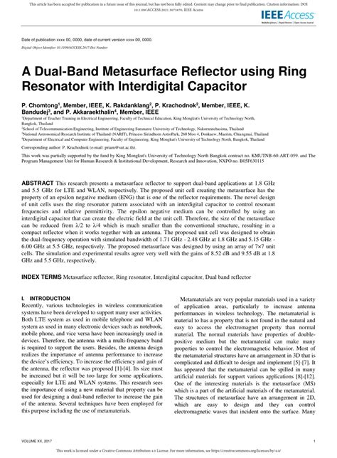 Pdf A Dual Band Metasurface Reflector Using Ring Resonator With Interdigital Capacitor