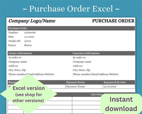 Purchase Order Excel Spreadsheet Invoice Workpaper Small Etsy