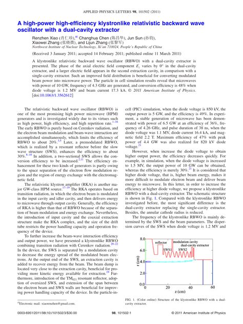 Pdf A High Power High Efficiency Klystronlike Relativistic Backward Wave Oscillator With A