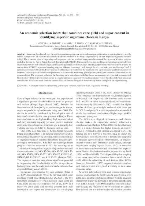 Pdf An Economic Selection Index That Combines Cane Yield And Sugar Content In Identifying