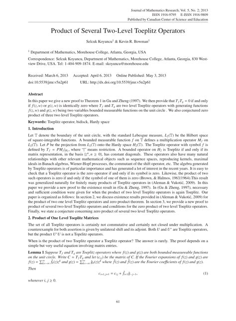 Pdf Product Of Several Two Level Toeplitz Operators