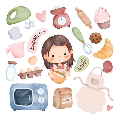 Premium Vector Watercolor Illustration Set Of Cute Girls And Kitchen