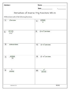 Derivatives Of Inverse Trig Functions 2 Ws 20 Problems With Solutions