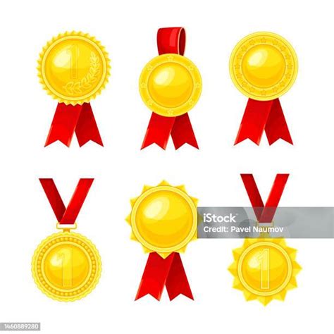 빨간 리본 세트와 금메달 1 위 스포츠 경기 표지판 챔피언십 보상 벡터 일러스트 레이 션 고급에 대한 스톡 벡터 아트 및 기타 이미지 Istock