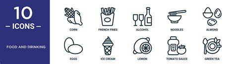 음식 및 마시는 개요 아이콘 세트에는 얇은 선 옥수수 알코올 아몬드 아이스크림 토마토 소스 녹차 보고서 프리젠 테이션 다이어그램 웹 디자인을위한 계란 아이콘이 포함됩니다 0