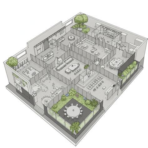 Isometric Interior Design Layout Of A Building Featuring Multiple Rooms And Open Spaces Stock