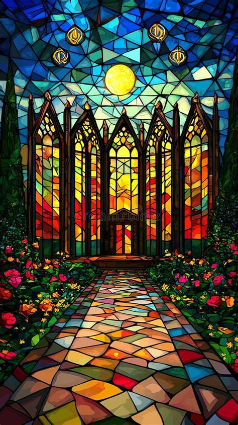Timber Prayer Meditation Vibrant Stained Glass Window With Colorful Flowers And Sky Stock