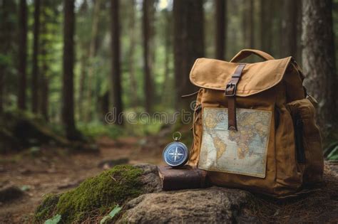 Explore Nature With A Backpack Compass And Map Resting On Moss In A