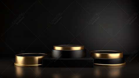 황금색 하이라이트와 3개의 3d 검정색 제품 디스플레이 스탠드를 갖춘 우아하고 최소한의 배경 황금색 하이라이트와 3개의 3d 검정색 제품 디스플레이 스탠드를 갖춘 우아하고