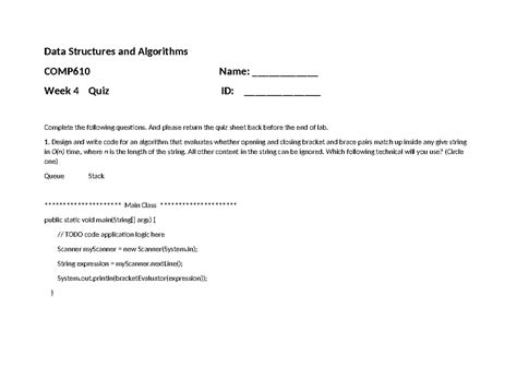 Comp610 Data Structures And Algorithms Lab Week 4 Quiz Questions Studocu