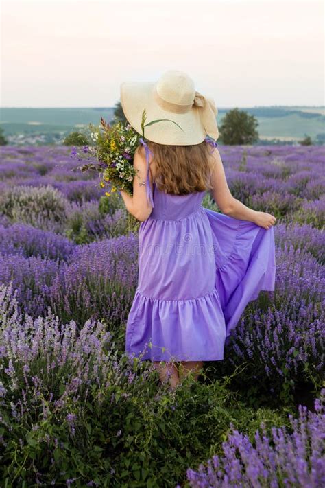 Woman In Purple Dress And Hat In Lavender Field Stock Image Image Of