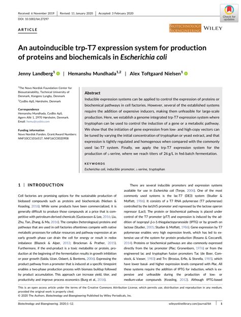Pdf An Autoinducible Trp T7 Expression System For Production Of Proteins And Biochemicals In