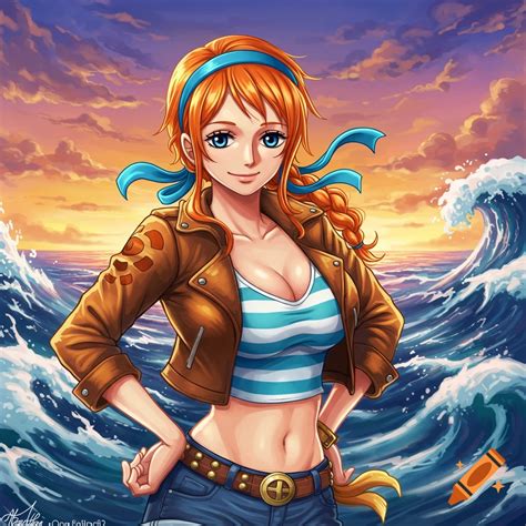 Anime Character Nami With Orange Hair By The Ocean Waves At Sunset