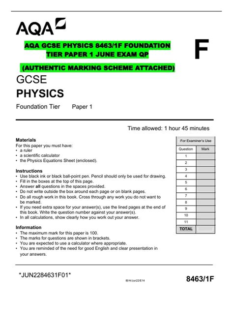 AQA GCSE PHYSICS 8463 1F FOUNDATION TIER PAPER 1 JUNE EXAM QP AUTHENTIC MARKING SCHEME ATTACHED