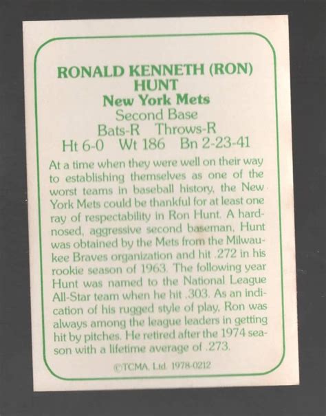 1978 Tcma The 1960s Ron Hunt New York Mets 212 Excellent Ebay