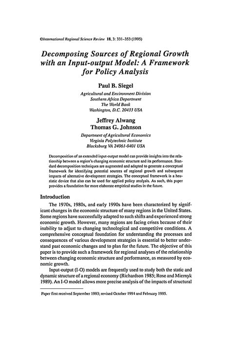 Pdf Decomposing Sources Of Regional Growth With An Input Output Model A Framework For Policy