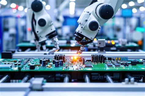 Premium AI Image Precision Robot Arms On Automated PCB Assembly Line