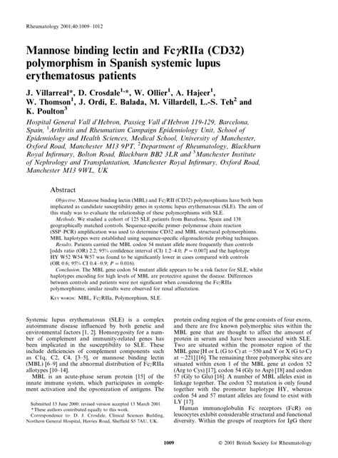 Pdf Mannose Binding Lectin And Fcγriia Cd32 Polymorphism In Spanish Systemic Lupus