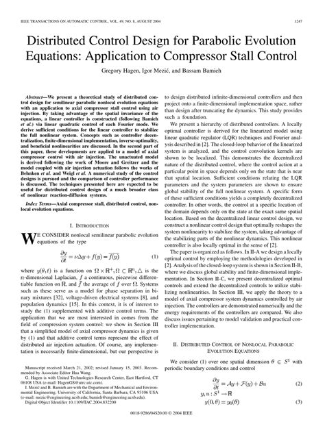 Pdf Distributed Control Design For Parabolic Evolution Equations Application To Compressor