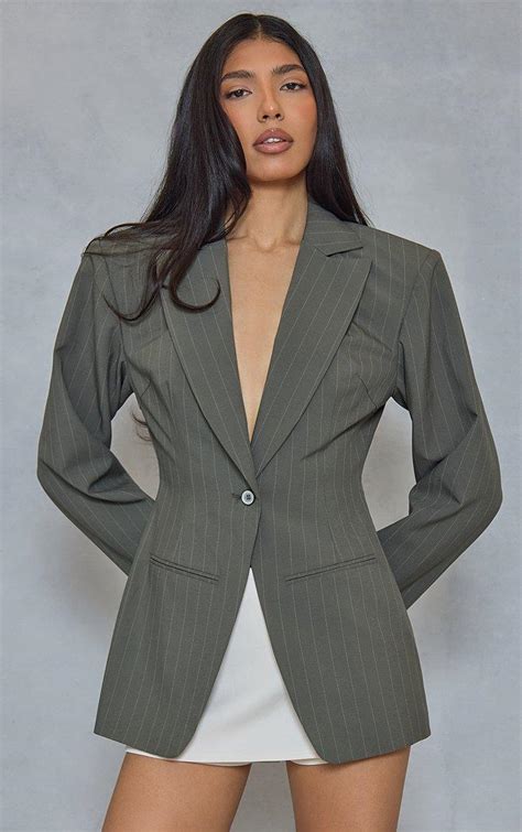 Plunge Shoulder Pad Detail Blazer In Khaki Green Pinstripe Ego Uk Ego