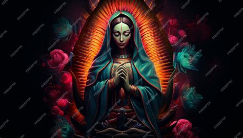 Premium Ai Image Virgen De Guadalupe Neon Lights Dark Background