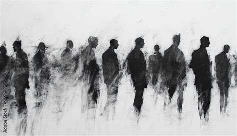 Black And White Ink Drawing Of People In Line With Abstract Double