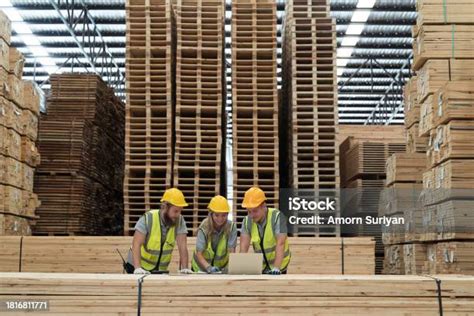 목조 창고 창고에서 노트북 컴퓨터를 작업하는 남성 및 여성 창고 직원 그룹 선반 팔레트 창고에서 작업 논의 및 교육 창고 작업자