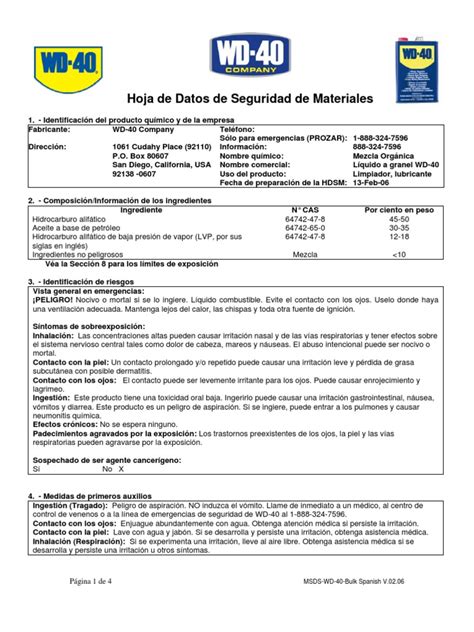 Hoja De Seguridad Wd 40 En Español Pdf Mercancías Peligrosas Agua