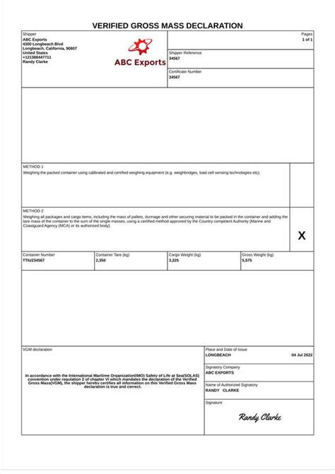Create A Verified Gross Mass Vgm Declaration Free Template Incodocs