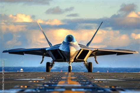 Low Angle Front View Of An F 22 Raptor Fighter Jet Accelerating During